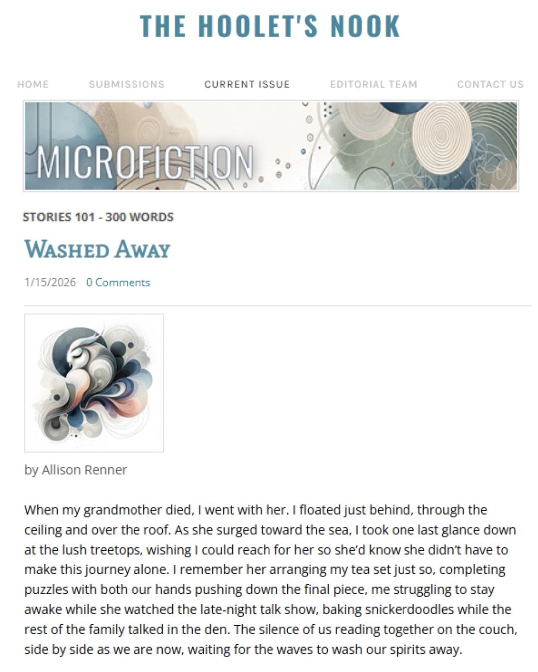 “Washed Away” published at The Hoolet’s Nook – Allison Renner Writes
